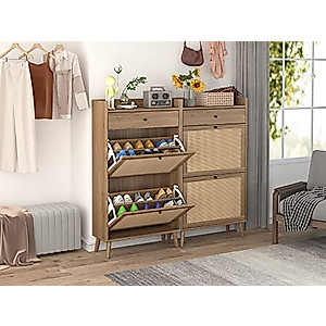 Pvillez Shoe Storage with Flip Drawers & Open Shelves,NaturalRattan Shoe Cabinets,Shoe Organizer RackWooden Shoe Organizer for Entryway/Bedroom/Living Room/Apartment,Free Standing
