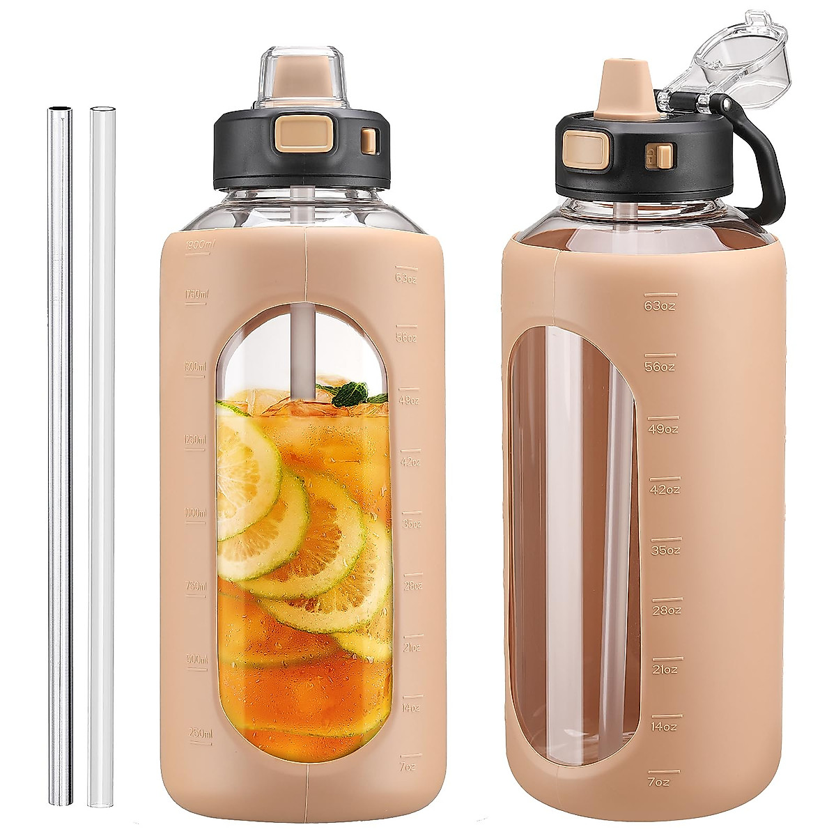Kodrine 64 oz Half Gallon Water Bottle with Straw, Large Glass Water Bottle with Locking Leak-Proof Lid and Soft Silicone Spout, Water Jug with Carry Handle, Motivational Time Marker, Amber