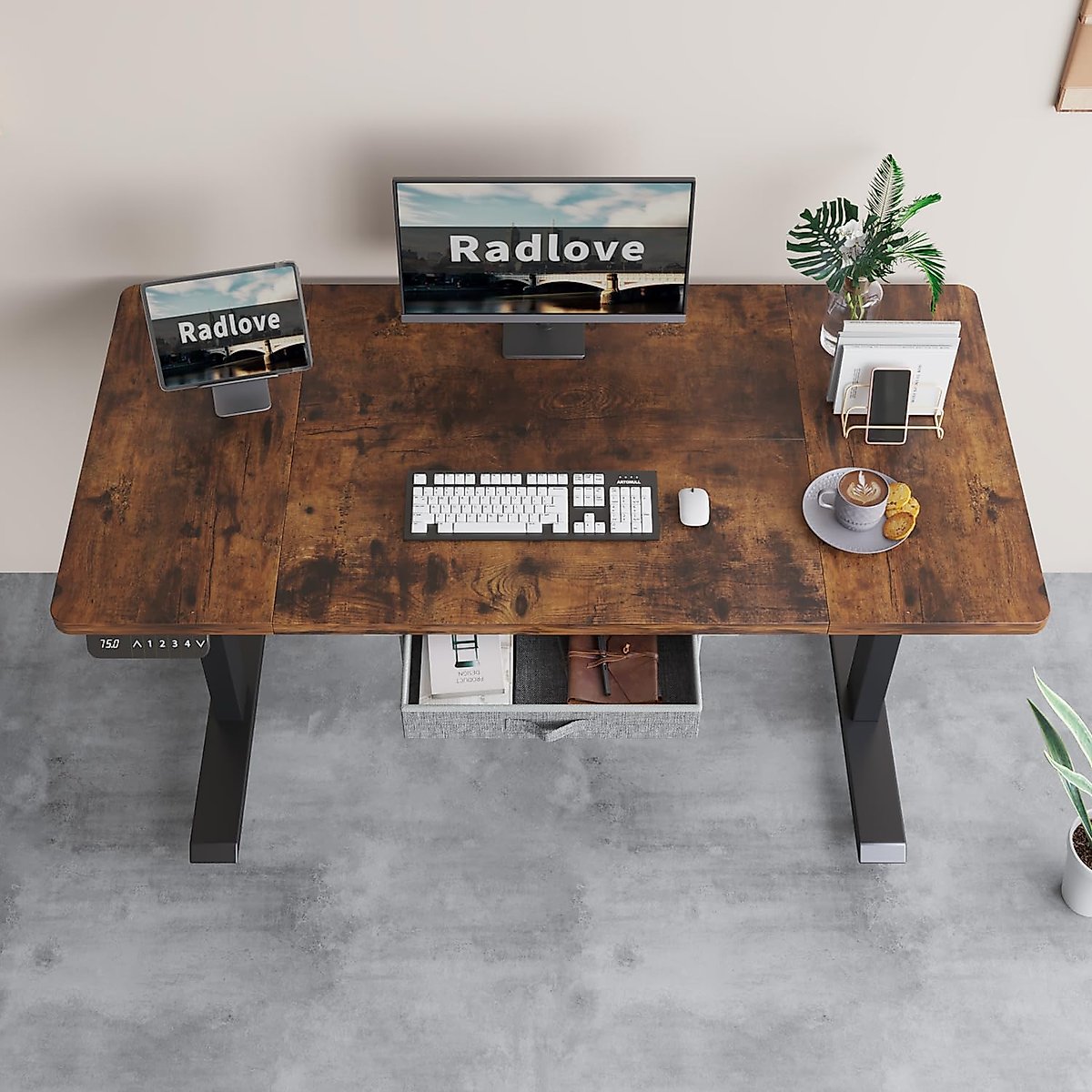 Radlove Dual Motors Height Adjustable 55 x 30'' Electric Standing Desk with Drawer Stand Up Table 4 Memory Keys, Computer Desk with Splice Board Home Office Desk, Rustic Brown Top + Black Frame