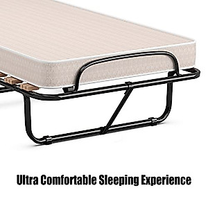 Giantex Folding Bed with 3" Mattress for Adults, Made in Italy, Rolling Foldaway Guest Bed, Memory Foam Mattress, Sturdy Metal Frame, Cot Size Portable Foldable Hideaway Bed, Easy to Store (Beige)