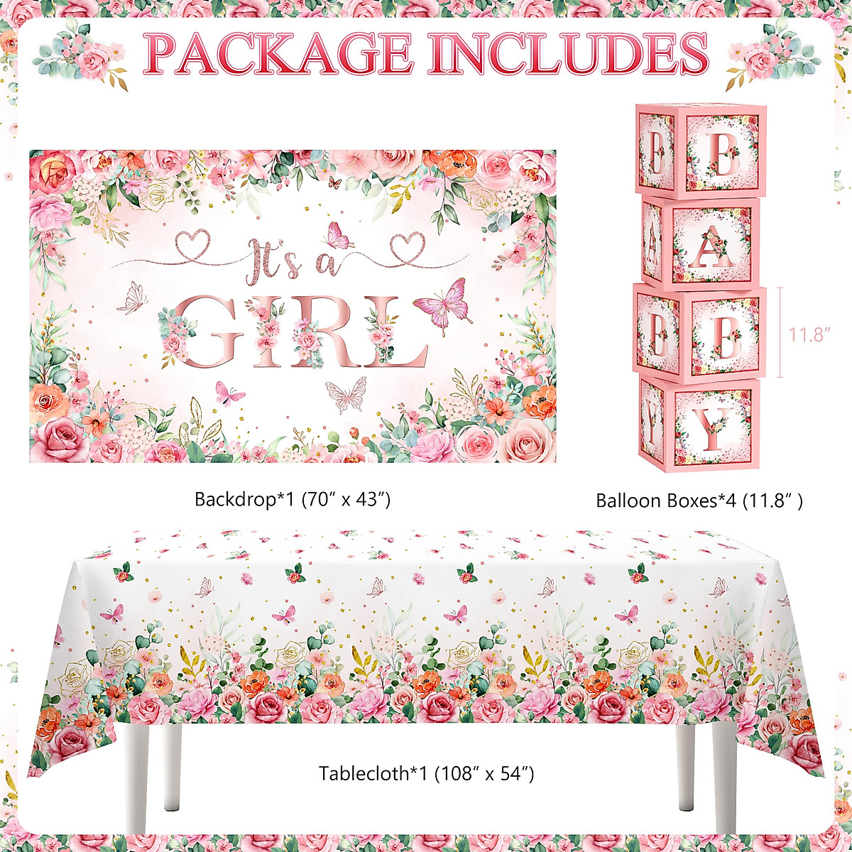 Baby Shower Decoration for Girl Baby Girl Pink Rose Gold Baby Shower Decoration Floral Gender Reveal Party Supplies with It's a Girl Backdrop Balloon Arch Baby Box with Letter Butterfly Sticker