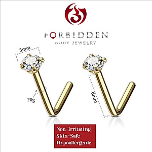 Forbidden Body Jewelry 2 Pack: 20g 6mm Gold IP Plated Surgical Steel L Shaped Nose Ring with 3mm CZ Crystal