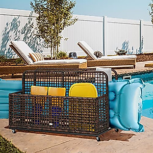 Outsunny Patio Wicker Pool Float Storage with Wheels, Outdoor Rolling PE Rattan Pool Caddy, Includes Compartment and Basket, for Pool, Garden, Deck, Mixed Brown