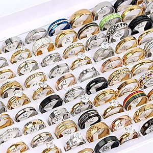 juanmaojuan 36Pcs Fashion Stainless Steel Rhinestone Band Rings For Women Men Mix Style Party Jewelry No Fade Wholesale (Mix Size 6-12)