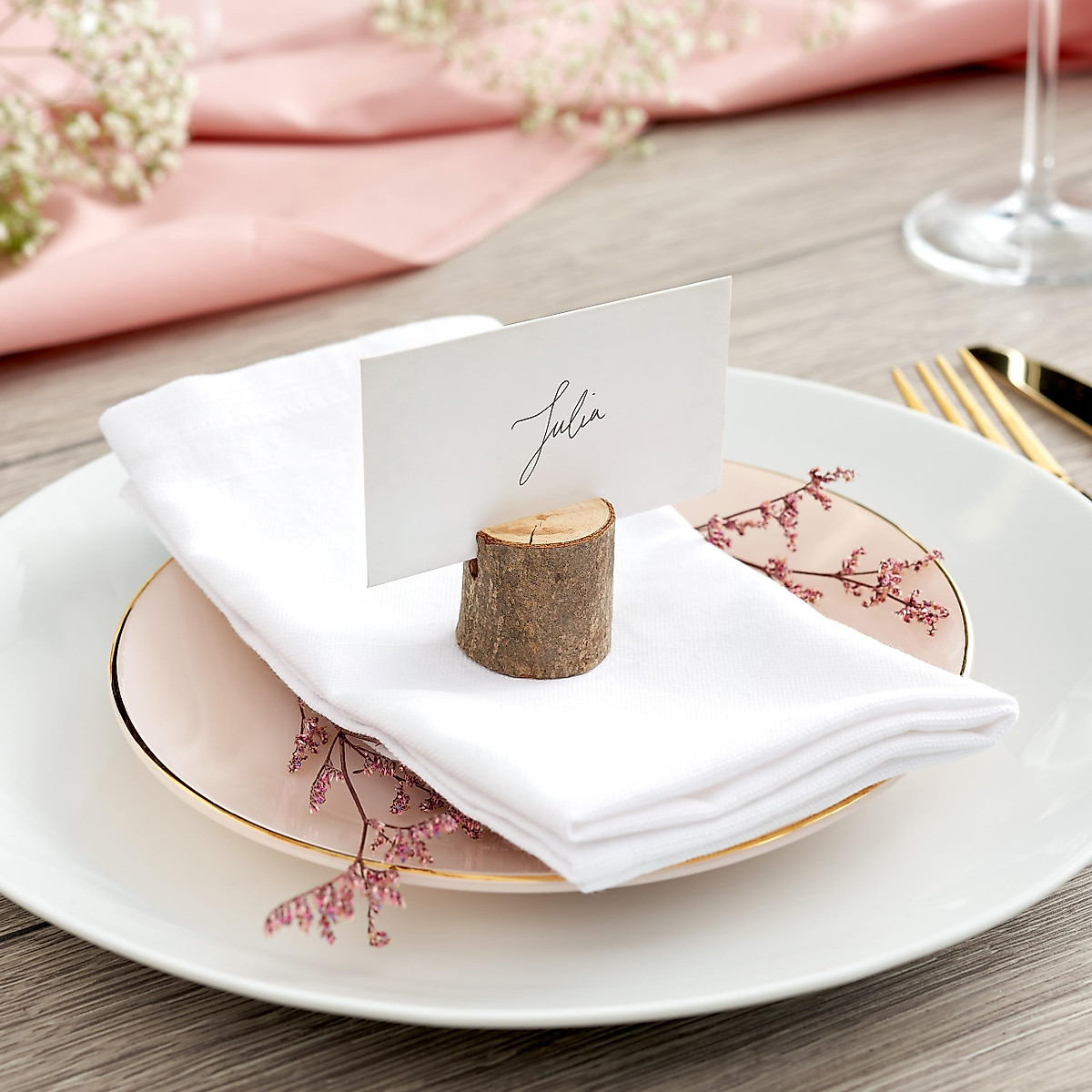 THE TWIDDLERS 50 Rustic Wood Place Card Holders with 50 White Table Name Cards 3.5 x 2 - Reserved Seating for Wedding, Party Buffet, Banquet, Dinner, Food Labels