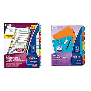 Avery 12 Tab Dividers for 3 Ring Binders, Customizable Table of Contents, Multicolor Tabs, 1 Set (11843) & Big Tab Write & Erase Durable Plastic Dividers