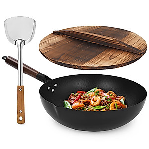 Cookeriess Hand Hammered Carbon Steel Wok, Wooden Lid Asian Spatula with Handle - Stir Fry Pan for Chinese, Japanese, and Cantonese Cuisine – Flat Bottom Wok Cooking by Cookeries / 2 Accessories