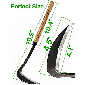 Japanese Weeding Sickle Hoe, 17" Gardening Hand Weeder Nejiri Kama Blade Tool Digging and Cutting Weed Remover, High-Carbon Steel One-Piece Molding with Hard Wood Handle, Very Sharp Edge Quick Work