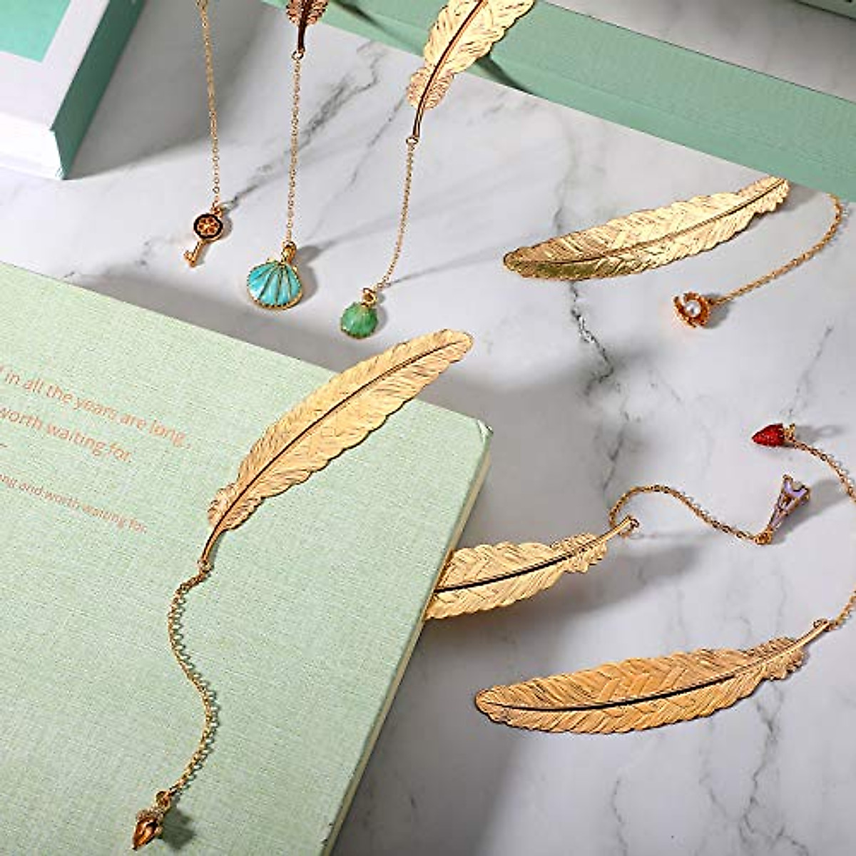 8 Pieces Metal Feather Pendant Bookmarks 3D Gold Vintage Bookmark Shell Tower Strawberry Snowflake Pendant Bookmarks Presents for Teens Adults Friends Readers Students