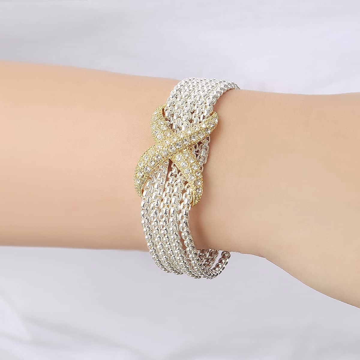 UNY JEWEL Jewelry X Bar 5 Strand Box Chain Magnetic Clasp Wide Bracelet Designer Inspired Christmas Day Gifts (Two Tone 6.50 Inch)