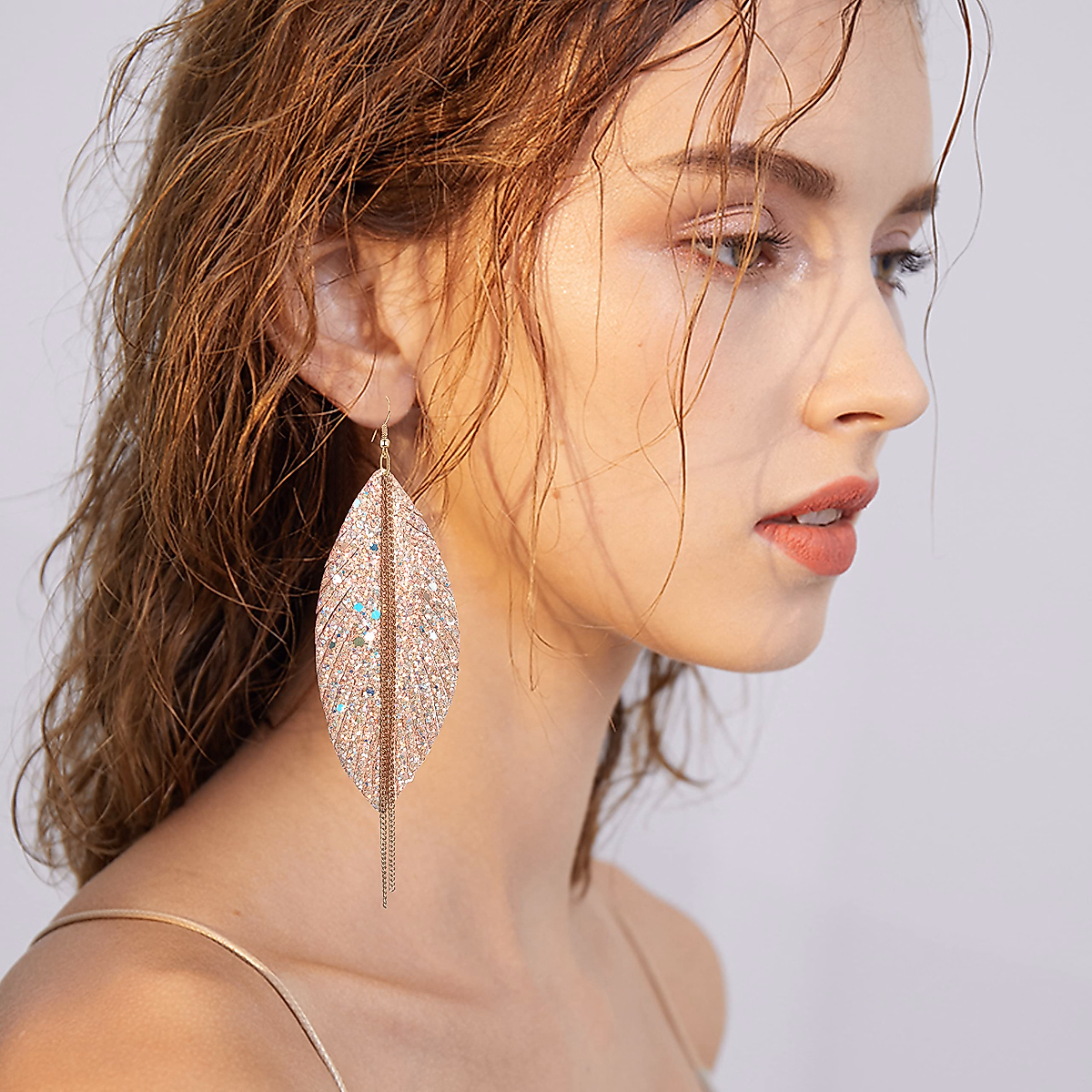 JIUIQL Unique Handmade Fashion Large Leopard Soft Leather Fringe Feather Dangle Drop Color Earrings Lightweight Faux Leather Sparkly Shine Glitter Leaf Earring for Women Statement Jewelry Gifts (Pink)