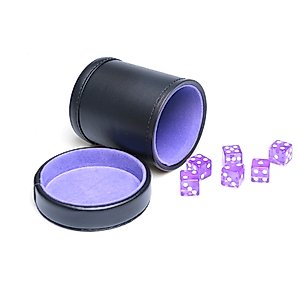 PU Leather Dice Cup with Lid/ Cap, Felt-Lined Dice Shaker Includes 6 Six-Sided Dice for Liars Dice/ Farkle/ Yahtzee/ Board Games