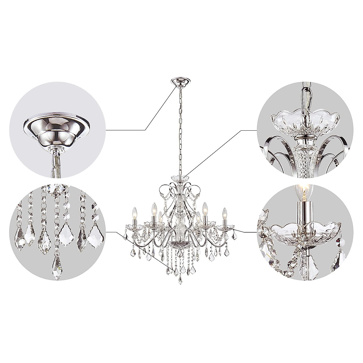 Saint Mossi 6 Light Crystal Chandelier Light Fixture Modern Chandelier Crystal Lighting, Crystal Pendant Raindrop Chandelier for Dining Room,Bedroom,Living Room,H23 x D24