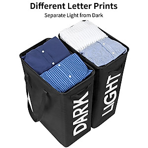 WOWLIVE Double 65L Slim Laundry Hamper 2 Pack Tall Thin Laundry Basket with Extended Handles Dark and Lights Separator Narrow Dirty Clothes Hamper Collapsible Laundry Organizer for Dorm Room (Black)