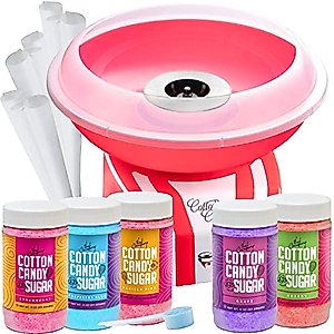 The Candery Cotton Candy Machine and Floss Bundle- Bright, Colorful Style- Sugar Free Candy, Sugar Floss, for Birthday Parties - Includes 5 Floss Sugar Flavors 12oz Jars and 50 Paper Cones & Scooper
