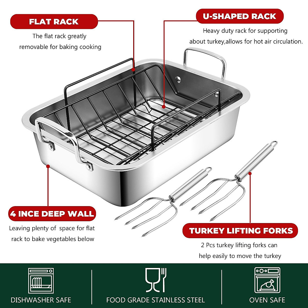 Hillbond Stainless Steel Roasting Pan with Rack 16 Inch Turkey Roaster Pan with U-Shaped Rack Flat Rack Turkey Lifting Forks for Turkey, Chicken, Vegetables Set of 5