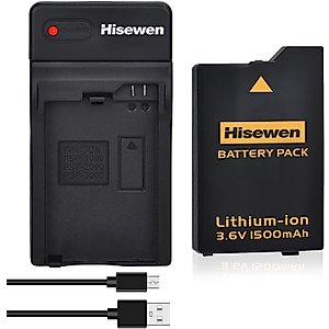 Hisewen 1500mAh 3.6V Lithium Ion Battery and LED USB Charger for Sony PSP 3000 / PSP Slim 2000 PSP-S110 Console, PSP-2001, PSP-3000, PSP-3001, PSP-3002, PSP-3004, PSP Slim Console