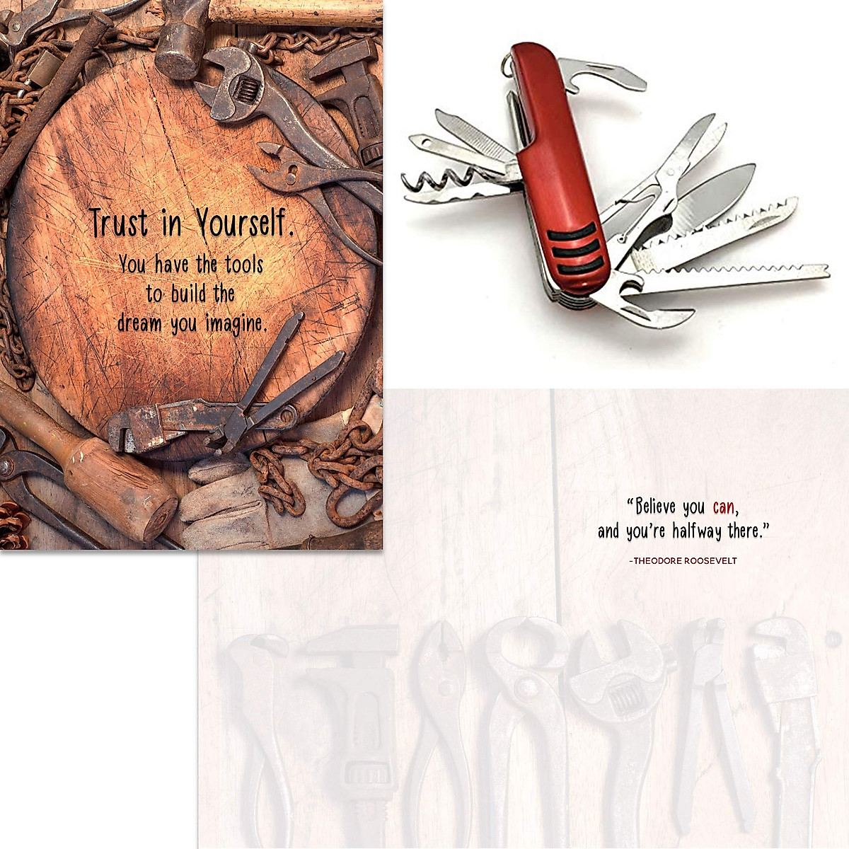 Smiling Wisdom - Tools to Build Your Dreams Inspirational Greeting Card - Multifunction Compact Pocket Knife Gift Set - Believe You Can Message - Grad Son Grandson - Red Pocket Tool