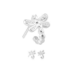 925 Sterling Silver L Shape Nose Stud Ring Dragonfly Nose Hugger 22G