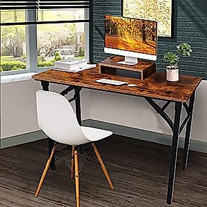 43.3'' Folding Computer Desk with Extra Monitor Stand Riser, Home Office Writing Study Desk Workstation, Folding Computer Tables for Small Places, No Assembly Desk, Rustic Brown