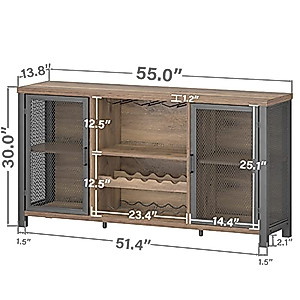 Launica Wine Bar Cabinet, Industrial Coffee Bar Cabinet Farmhouse for Liquor and Glasses, Sideboard Buffet Cabinet with Storage Rack for Home Kitchen Dining Room, Rustic Oak, 55 In