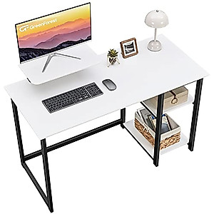 GreenForest 39 inch White Computer Desk with Monitor Stand and Reversible Storage Shelves and 69 inch L Shaped Desk with Drawers and with Power Outlet