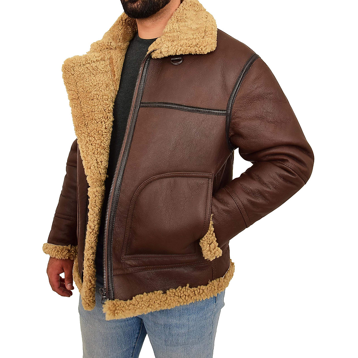A1 FASHION GOODS Mens Brown Real Sheepskin B3 Flying Bomber Jacket Shearling Aviator Pilot Coat Larry (XXX-Large)