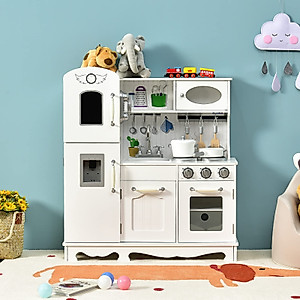 HONEY JOY Kids Kitchen Playset, Wooden Pretend Play Kitchen for Toddlers, Cookware, Phone, Storage Cabinet, Water Dispenser, Blackboard, Little Chef Toy Kitchen Set, Gift for Boys Girls 3+, White