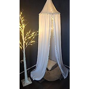 OldPAPA Crib Bed Canopy for Girls Bed with Pom Pom, Cotton Dome Mosquito Net for Baby, Kids Indoor Outdoor Playing Reading, Bedroom Decoration (White)