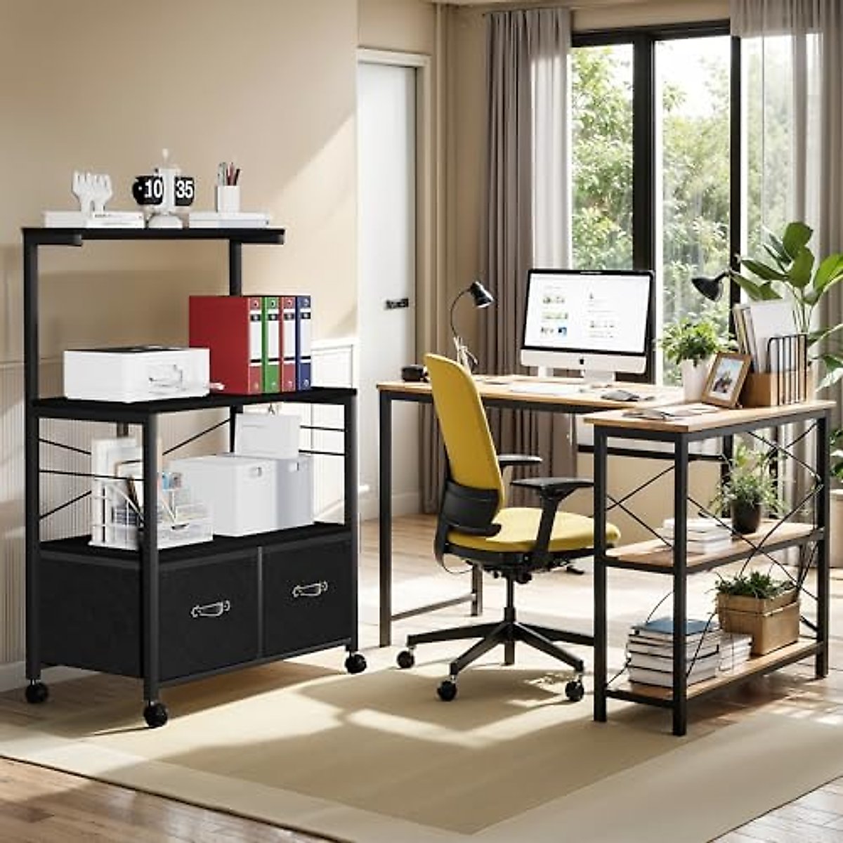 VECELO Lateral File Cabinet with 3 Shelf, 2 Drawer File-Cabinet on Brakeable Wheels, Large Printer Stand with Open Storage Shelf fits Letter Size for Home Office, Black