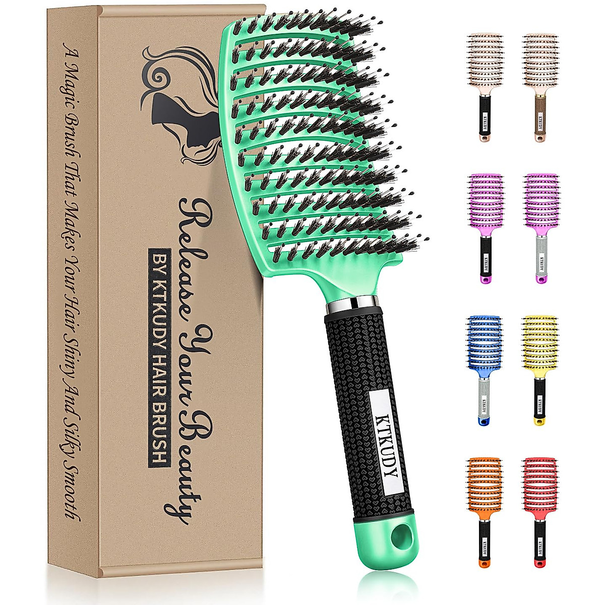 KTKUDY Detangling Brush Boar Bristles Hair Brush Make Hair Shiny & Healthier Curved and Vented Detangler Brush for Women Men Kids Wet & Dry Hair (Light green)