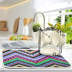 Christmas Ethnic Texture Dish Drying Mat 24"x18" Absorbent Machine Washable Hanging Fast Dry Pad Dish Protective Mat for Kitchen Countertop Heat Resistant Dinner Table Mat