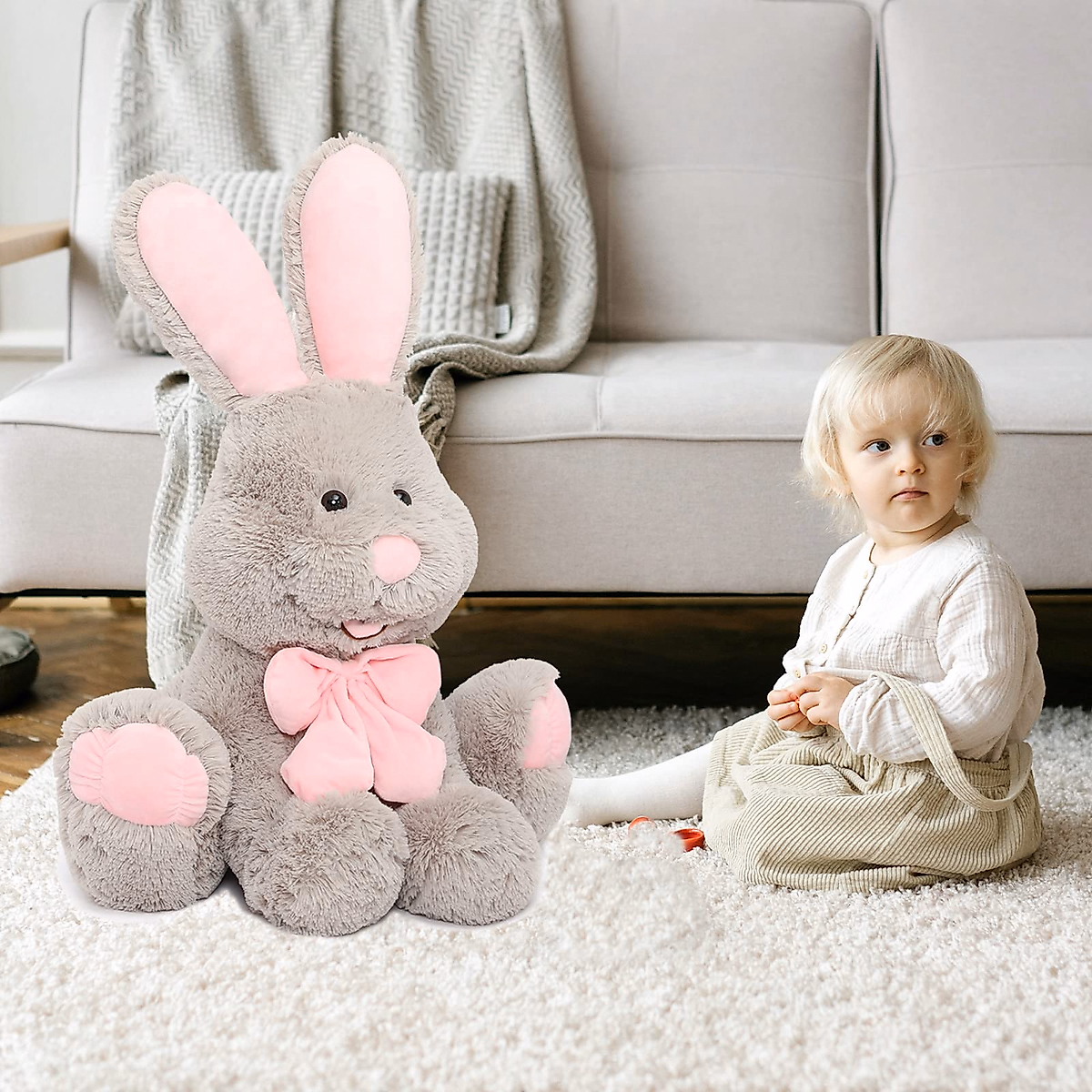 MorisMos Giant Bunny Stuffed Animal, 31.5'' Large Grey Rabbit Plush Toy with Pink Ears, Soft Toy for Girls/Boys, Ideal Gift for Easter, Halloween, Christmas, Cuddling, Snuggling