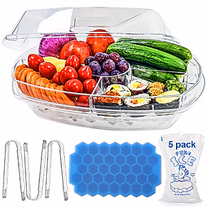 15 Inches Divided Serving Tray with Lid&Ice Tray, Party Platter, Snackle Box Container, Fruit Tray, Veggie Tray, Chip and Dip Bowl, Appetizers, Desserts, Cold Food Buffet Server