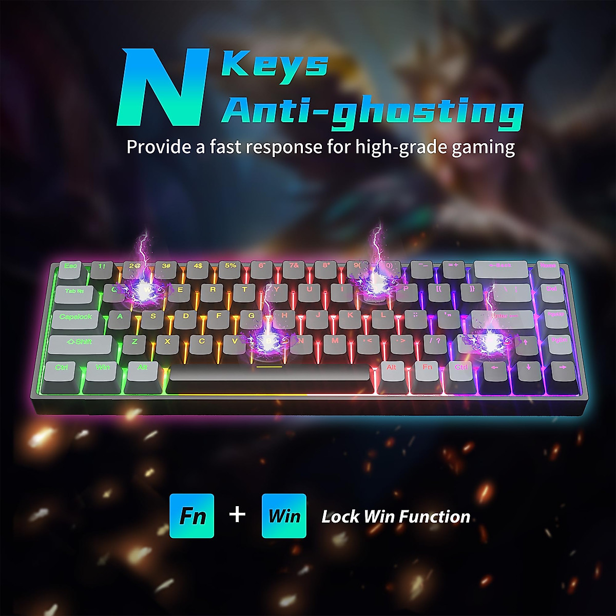 Taiahiro 60% Mechanical Gaming Keyboard, RGB Backlit 68 Keys Ultra-Compact Wired Keyboard with Blue Switch, Full Anti-Ghost, Type-C, Portable Mini Office Keyboard for PC Laptop Win/Mac, Black&Gray