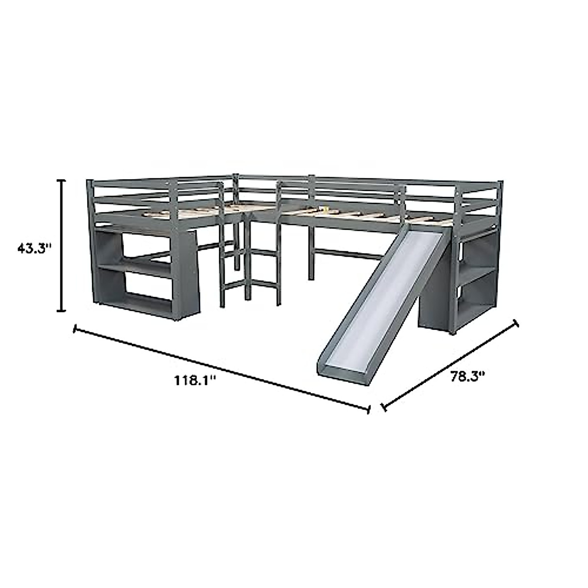 GLORHOME L-Shaped Twin Size Loft Bed, Space Saving Corner Loftbed Frame with Slide, Movable Two-Tier Shelves and Full-Length Guardrail for Kids,Modern Bedroom Furniture, Grey (Low loft Bed)