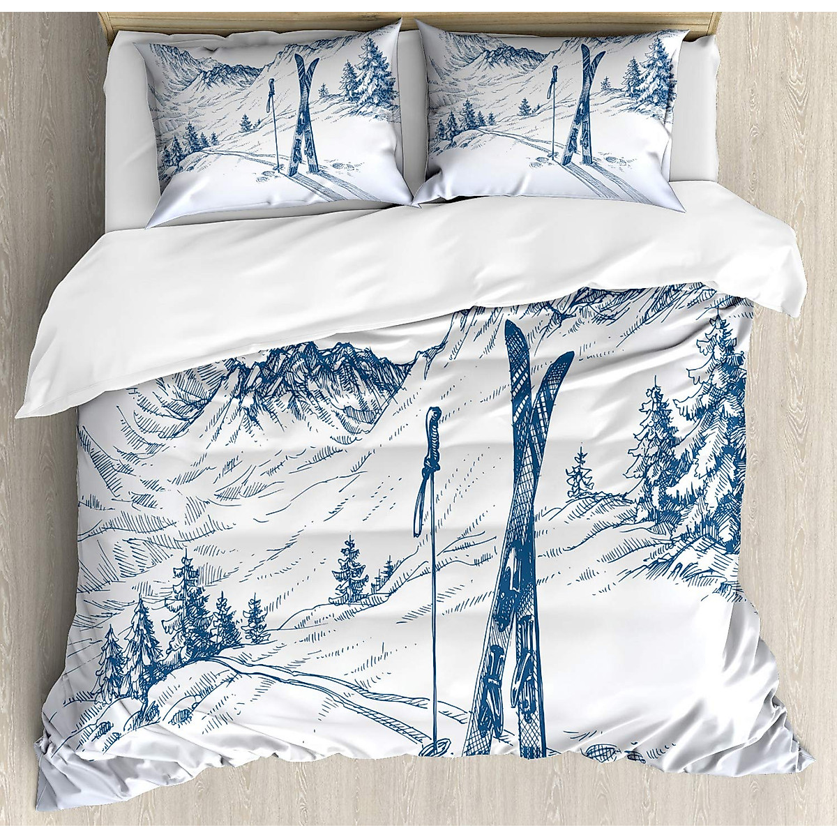 Ambesonne Winter Duvet Cover Set, Sketchy Graphic of a Downhill Ski Elements in Snow Relax Calm View, Decorative 3 Piece Bedding Set with 2 Pillow Shams, California King, Blue White