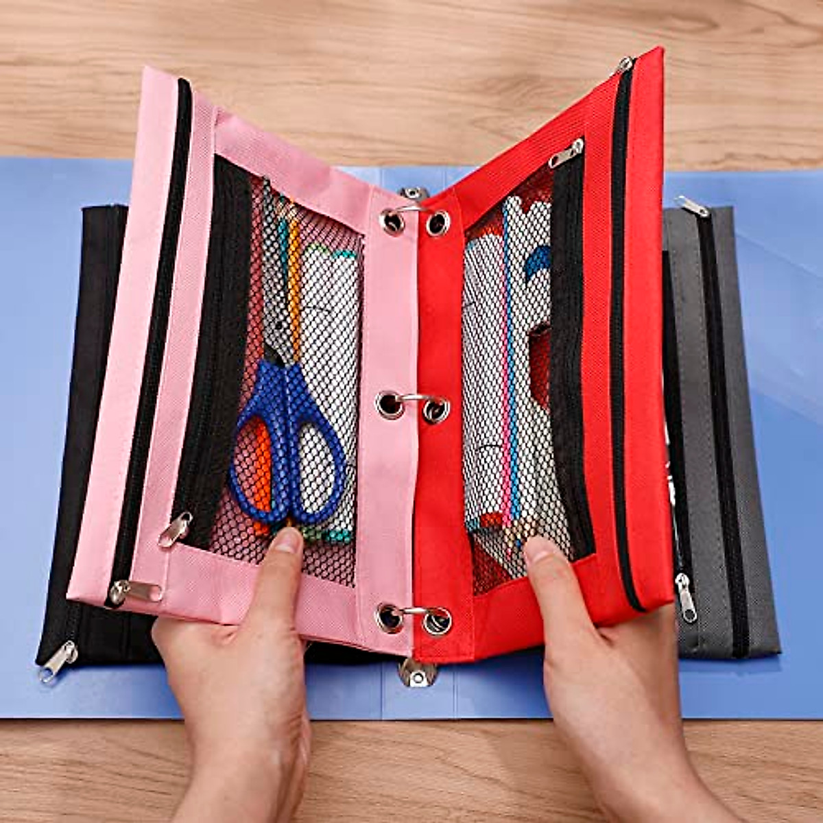 Antner Binder Pencil Pouch for 3 Ring Binder, 2 Pack 3 Ring Binder Pencil Pouches Double Zipper Pencil Case Cosmetic Bag, Black & Red