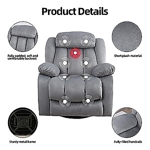 INZOY Massage Swivel Rocker Recliner with Heat and Vibration, Manual Rocking Recliner Chair with Vibrating Massage, Comfy Padded Overstuffed Soft Fabric Heated Recliner, Light Grey