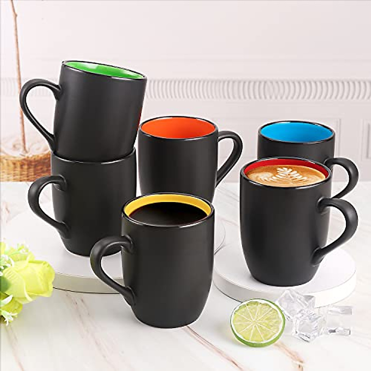 Farielyn-X 6 Pack Coffee Mug Set, 16 Ounce Ceramic Coffee Cups, Black Large Coffee mugs, Restaurant Coffee Cups for Coffee, Tea, Cappuccino, Cocoa, Cereal, Matte Black Outside and Colorful Inside