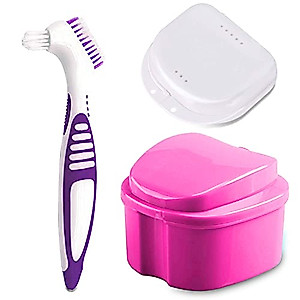 Denture Bath Case Cup with Denture Cleaner Brush & Retainer Holder Box, Complete Clean Care for Dentures, Clear Braces, Mouth Guard, Night Guard & Retainers,Traveling (Pink)