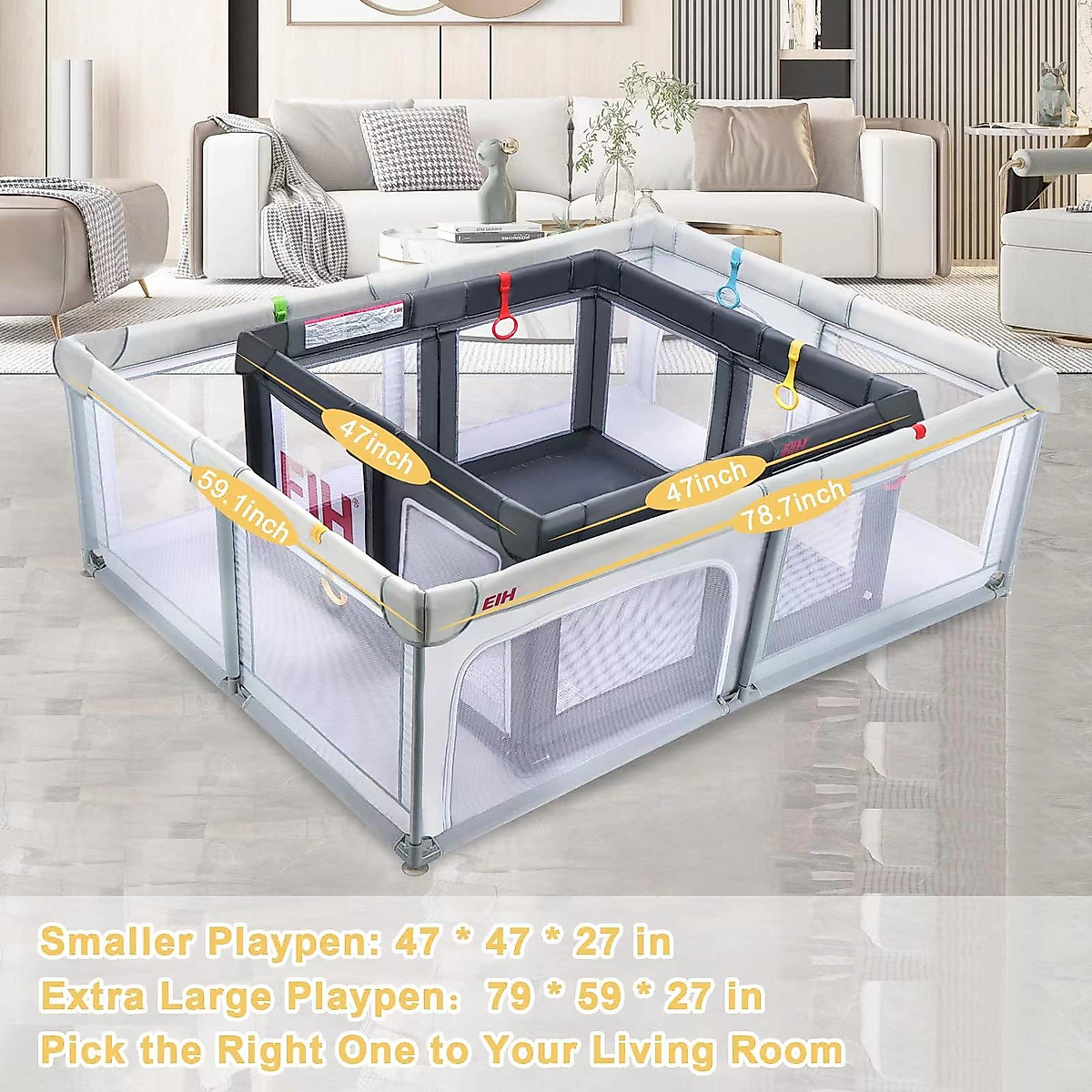 Baby Playpen, Playpen for Babies and Toddlers Indoor & Outdoor Kids Activity Center with 50 Ocean Balls Small Baby Playard Breathable Mesh Kids Safety Play Area, 47in x 47in (Dark Gray)