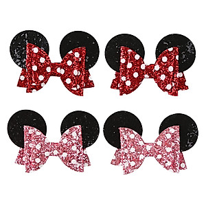Mouse Ears Hair Bow Clips Polka Dot Barrettes for Girls Glitter Costume Accessories Birthday Party Decorations 1 Count (Pack of 4)
