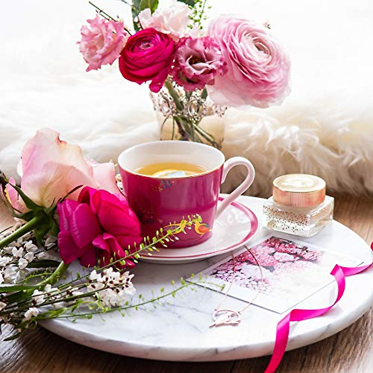 Portmeirion Sara Miller London Chelsea Teacup and Saucer, Pink | 8 Oz Cup for Drinking Tea and Coffee | Made from Fine China with Gold Detail | Handwash Only