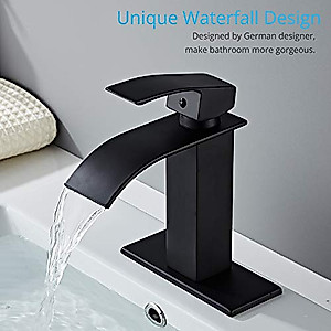 Wovier Matte Black Waterfall Bathroom Sink Faucet with Cover Plate,Single Handle Single Hole Brass Lavatory Vanity Faucet,Basin Mixer Taps with Supply Hose