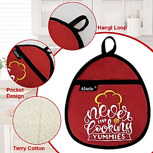 Alselo Pot Holders and Kitchen Towel, Heat Resistant Potholder 4 Piece with Microfiber Towel 1 Piece, Funny Baking Theme Hot Pats Festive Gift Oven Mitts for Cooking Baking BBQ (Dull-red, 5)