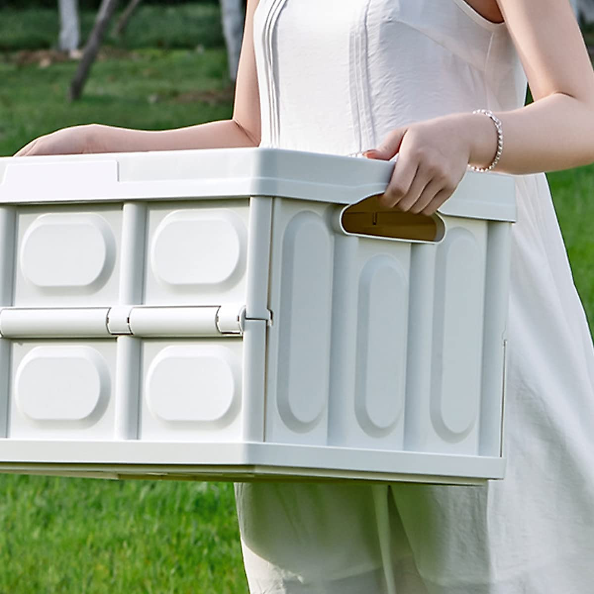 LYZOLICS Collapsible Storage Bin with Wooden Lid, Foldable&Stackable Storage Crate for Outdoor Car, Toys, Camping, Picnic, Indoor Home Room (30L-1pcs)