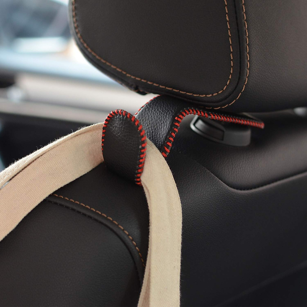 MECHCOS Car Seat Headrest Hooks for Car Back Seat Organizer Hanger Storage Hook Holder for Car SUV Organization Purse Shopping Groceries Bag Handbag, Black & Red, 2 Pack