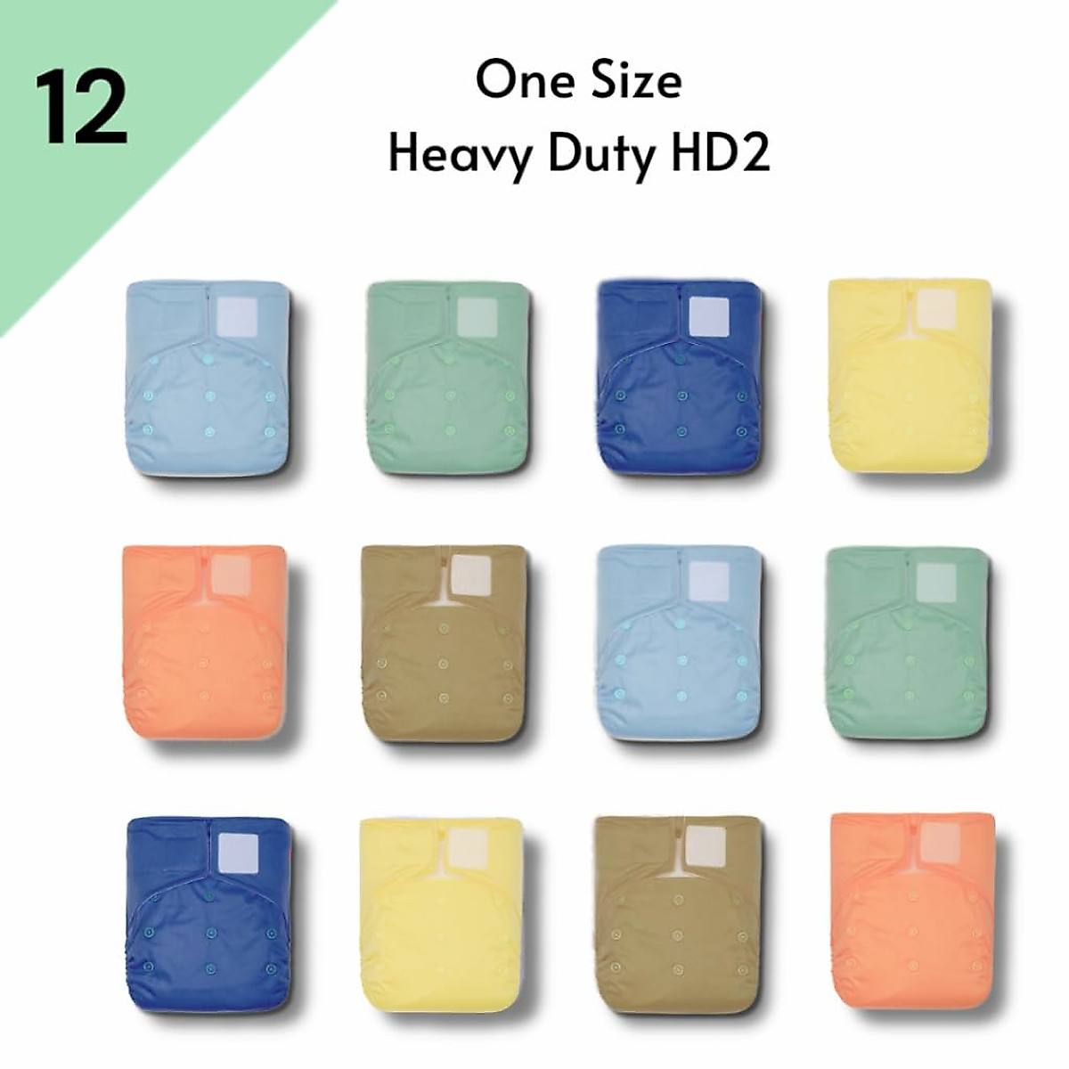 KaWaii Baby Pack of 12 Heavy Duty HD2 Cloth Diapers with 24 Premium 5-Layer Diaper Inserts, Leakproof, Reusable, Daycare Nappies, fits Babies 8-36 lbs