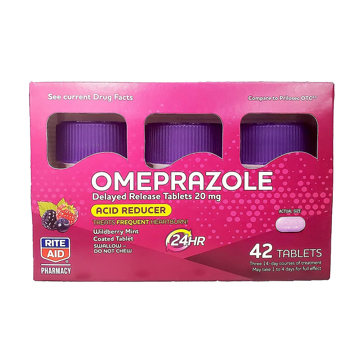 Rite Aid Omeprazole Tablets- 20 mg, 3 Bottles, 14 Count Each (42 Count Total) (Wildberry Mint)